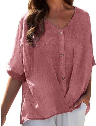 Generic Ventes Flash HUIFUAO T-Shirt surdimensionné pour Femme en Coton et Lin avec Boutons et col en V, Manches Courtes, élégant et Ample, Basique pour Femme