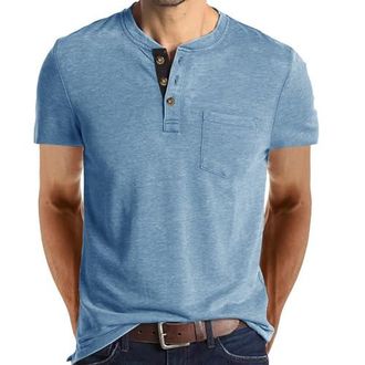 Generico T-shirt pour homme &agrave; manches courtes en coton, style d&eacute;contract&eacute;, respirant, avec boutons et poche pour un usage quotidien, bleu clair, XXXL