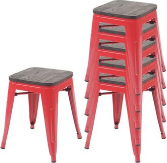 Hhg 6er-Set Hocker 771 inkl. Holz-Sitzfl&auml;che, Metallhocker Sitzhocker, Metall Industriedesign stapelbar rot