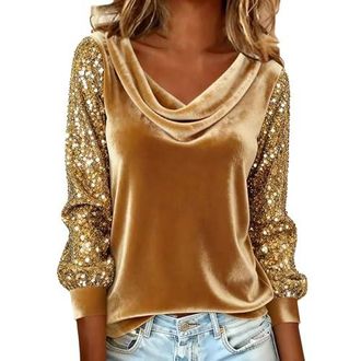 Generic Haut en velours pour femme - Col b&eacute;nitier &eacute;l&eacute;gant - T-shirt &agrave; paillettes - Haut pliss&eacute; &agrave; paillettes - Robe d&eacute;contract&eacute;e &agrave; manches longues bouffantes -