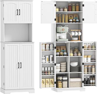 HOMCOM K&uuml;chenanrichte 181,5cm hoch, K&uuml;chenschrank mit 8 Gew&uuml;rzf&auml;chern an der T&uuml;r, 4 T&uuml;ren, rustikale Speisekammer mit verstellbaren Einlegeb&ouml;den, Mikrowellen