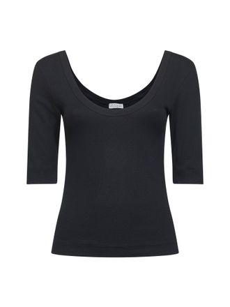 Brunello Cucinelli Ribbed Stretch Cotton Jersey T-Shirt - Black