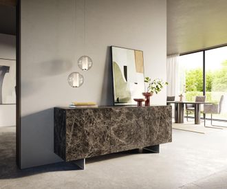 DELIFE Sideboard Cuor 180 cm Keramik Emperador Extra Lucidato Dunkelbraun 2 T&uuml;ren 3 Schubf&auml;cher Fu&szlig; Schwebeoptik Edelstahl, Sideboards