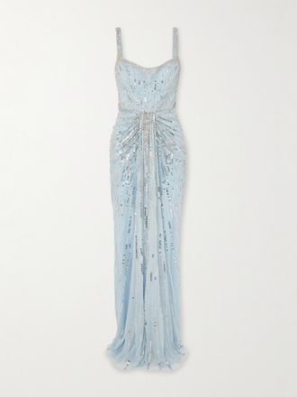 Jenny Packham Robe Du Soir En Tulle &Agrave; Ornements, Fronces Et Drap&eacute; Chrissy - Bleu