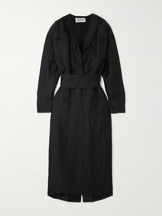 Tove Rhys Midikleid Aus Einer Leinen-seidenmischung Mit Bindegürtel - Schwarz