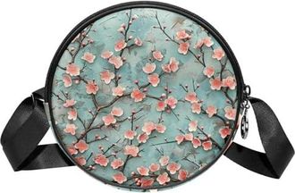 Generic Sac &agrave; bandouli&egrave;re rond pour femme, motif fleurs de p&ecirc;che, petit sac &agrave; dos &agrave; bandouli&egrave;re avec fermeture &eacute;clair, bretelles r&eacute;glables, sac &agrave; main rond d&eacute;
