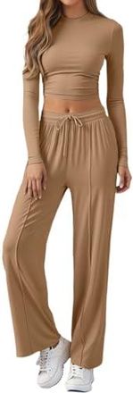 Generic 2026 Ensemble de Surv&ecirc;tement Deux Pi&egrave;ces pour Femme D&eacute;contract&eacute; Tenue de Sport Top &agrave; Manche Longue Taille Haute et Cordon de Serrage Pantalon avec Poc
