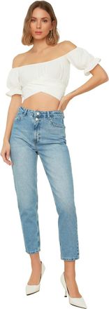 Trendyol Damen Trendyol Er Doppelter Knopf mit Hoher Taille Mutter Jeans, Blau, 32 EU