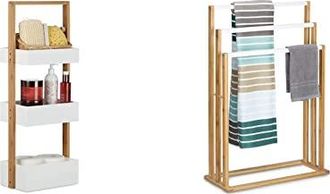 Relaxdays Bambus H x B x T: ca. 82 x 54 x 24 cm treppenf&ouml;rmiger Handtuchhalter, Natur Handtuchst&auml;nder, wei&szlig; & Badregal Bambus, Badezimmerregal mit 3 K&ouml;rben, MDF