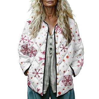 Generic Veste matelassée à motif darbre de Noël pour femme, manteau matelassé festif avec motif imprimé rétro, manches longues, col montant boutonné, rose, 3X