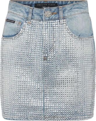 Philipp Plein Femme, Jupes, Bleu, Taille: 38 FR Minijupe en denim orn&eacute;e de cristaux