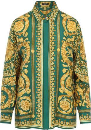 Versace Homme, Chemises, Vert, Taille: L Chemise en soie &agrave; imprim&eacute; Barocco