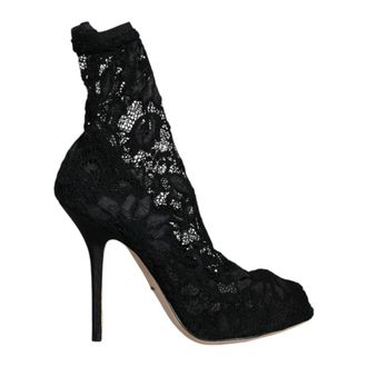 Dolce & Gabbana Schwarze Spitze Stretch Stiefeletten mit Absatz - - Shoes - Damen - Schwarzk - 36 EU