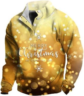 Generic Sweat-shirt de No&euml;l pour homme - Pull de No&euml;l moche &agrave; manches longues - Impression 3D - Col montant - Pull de No&euml;l tendance - Col quart - Pull boutonn