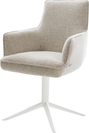 DELIFE Esszimmerstuhl Heira-Flex mit Armlehnen Fu&szlig;kreuz Wei&szlig; Webstoff Soft Beige 360&deg; drehbar Wippfunktion Taschenfederkern