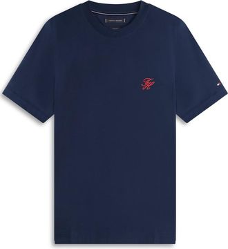 Tommy Hilfiger Glattes T-Shirt aus Baumwolle mit Monogramm-Stickerei, Regular Fit in