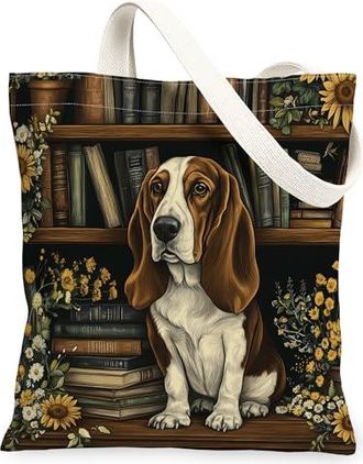 Generic Sac fourre-tout en toile pour le shopping, 33 x 38 cm, motif chien basset de printemps, sac d&eacute;picerie r&eacute;utilisable pour femme, sac d&eacute;picerie amusant p
