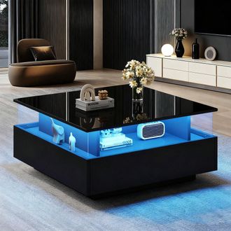 Generic Modernes Hochglanz-LED-Couchtisch Kaffeetisch 70 * 70 * 41cm mit 2 Schubladen und transparentem Präsentationsbereich - Belastbar bis 30 kg, ideal für 