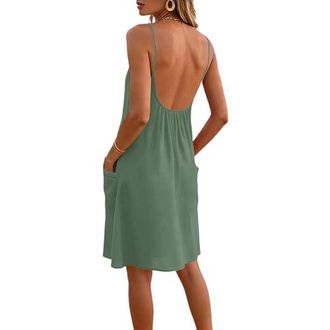 Generic Robe d&eacute;t&eacute; pour femme - Robe de plage l&eacute;g&egrave;re avec col en V et dos profond - Robe de plage boh&egrave;me douce &agrave; bretelles spaghetti avec poches - Robe d&eacute;t&eacute; fl