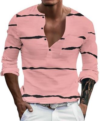 Generic T-shirt &agrave; rayures pour homme - Chemisier ample - D&eacute;contract&eacute; - Tendance - Base ray&eacute;e - T-shirt &agrave; manches longues, rose vif, XXL