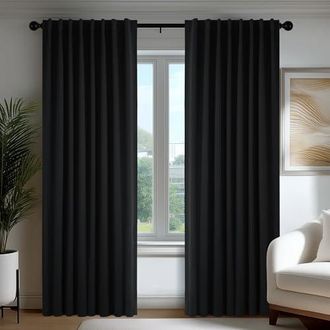 Deconovo Rideaux occultants, Opaques, avec Bandes fronc&eacute;es, Rideaux Thermiques 3 en 1, Chambre &agrave; Coucher, 2 Pi&egrave;ces140&times;260 CM (Largeur x Hauteur) Noir