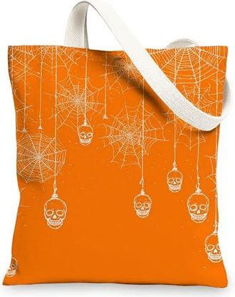 Generic Sacs fourre-tout en toile motif tête de mort sur le thème dHalloween réutilisables, amusants, festifs, légers et lavables, Orange, 13x15 Inch