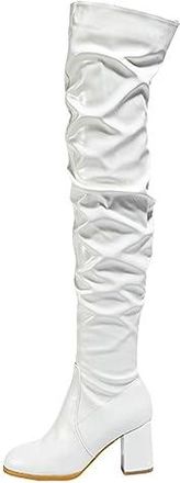 Generic Bottes au-dessus du genou pour femme Shark Boots Bottes tendance pour femme avec bout rond Rev&ecirc;tement en cuir pour la saison dhiver Bottes tendance et