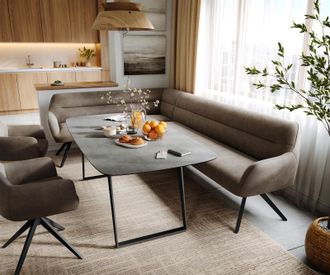 DELIFE Esszimmerbank Taya-Flex 285x190 cm Mikrofaser Taupe Vintage Kreuzgestell kantig Schwarz Taschenfederkern Rechts, Eckb&auml;nke