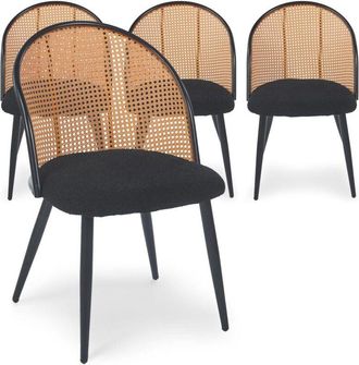 Menzzo Lot de 4 chaises design Showan avec cannage Rotin et Tissu bouclette Noir