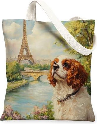 Generic Spring Cavalier King Charles Spaniel Sac fourre-tout en toile pour faire du shopping 33 x 38,1 cm, sac d&eacute;picerie r&eacute;utilisable pour femme, chien, voyag