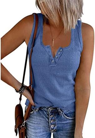 ORANDESIGNE Débardeur dété pour Femme Couleur Unie Col en V sans Manches Débardeur Ample T-Shirt à Boutons Couleur Unie Décontracté Coupe ajustée E Bleu S