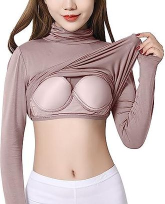 Generic Chemisier uni à manches longues pour femme - Couleur unie - Rembourré - Col roulé - T-shirt à manches longues - Soutien-gorge pour femme - Sous-vêteme