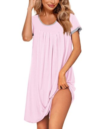 Ekouaer Nachthemd Damen große größen Sleepshirt Kurzarm Nachtwäsche Kurz Locker Bigshirt Rundhals Schlafshirt, Rosa, XXL