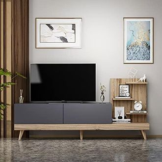 Hanah Home Scandinavian TV Stand, Anthracite & Walnut, 180 x 82 x 37 cm | 100% Melamine Coated Particle Board, 18 mm Thick | Wall-Mountable, Multiple Shelves