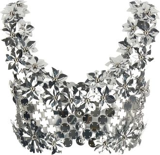 Paco Rabanne 3D Floral Metal Disc Bralette Top - Silver