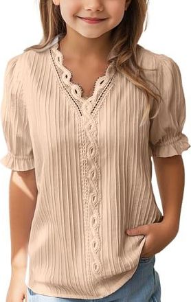 Generic Chemisier Chic Fille Manches Court - Haut Enfants Chic Et Elegant Tops Couleur Unie Chemise Col V Hauts avec Manches Shirt Respirant T-Shirt Soir&eacute;e Ch