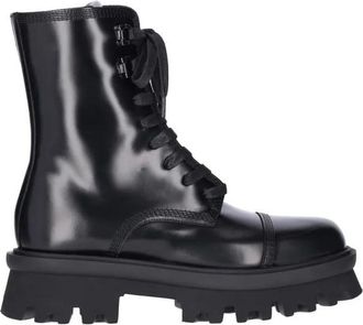 Ferragamo Stiefel - Glossy Black Leather Combat Boots - Gr. 5_5 - in Schwarz - für Damen