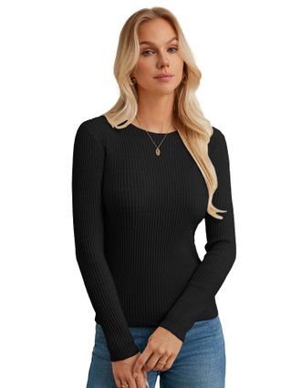 Grace Karin Damen Casual Langarm mit Rundhalsausschnitt Basic Oberteile Stretch D&uuml;nner Gerippt Pullover Schwarz XL