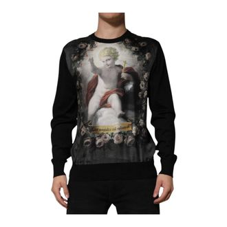Dolce & Gabbana Homme, Pulls, Noir, Taille: L Pull en cachemire avec imprim&eacute; ch&eacute;rubin baroque