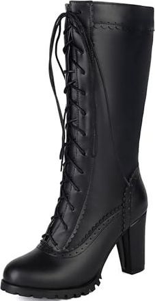 SJJH Bottes mi-longues avec fermeture &eacute;clair lat&eacute;rale | Bottes pour femme pour toutes les saisons, talon de 8,5 cm, la&ccedil;age r&eacute;glable, facile &agrave; porter, Noir,