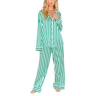 Generic Ensemble de pyjama de No&euml;l &agrave; rayures pour femme, chemise boutonn&eacute;e &agrave; manches longues et pantalon, 2 pi&egrave;ces, doux, Rayures Vert, XL