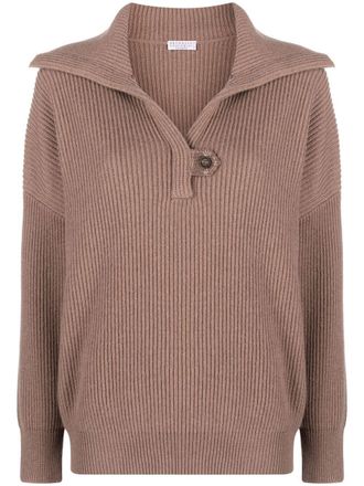 Brunello Cucinelli polo en maille &agrave; manches longues - Marron