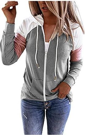Generic Vestes pour femmes 2026 pour femmes, coutures color&eacute;es, manches longues, veste &agrave; capuche zipp&eacute;e, veste ample pour le sport, manteau quotidien, gris, X