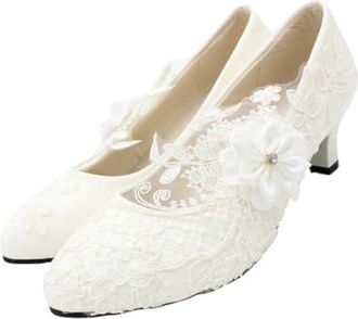 IFUNDOM Chaussures de Banquet Blanches en Dentelle pour Femme Escarpins &agrave; Talon Moyen 5 CM Bout Effil&eacute; Chaussures D&eacute;coratives &Eacute;l&eacute;gantes pour Mariage et Soir&eacute;e