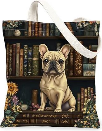 Generic Sac fourre-tout en toile motif bouledogue fran&ccedil;ais printanier, 33 x 38,1 cm, sac d&eacute;picerie r&eacute;utilisable pour femme, motif amusant pour animal de compa