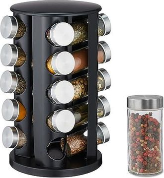 Relaxdays Gewürzkarussell, 20 Gewürzgläser, 80ml, mit Streueinsatz, drehbar, nachfüllbare Gewürzbar, Edelstahl, schwarz