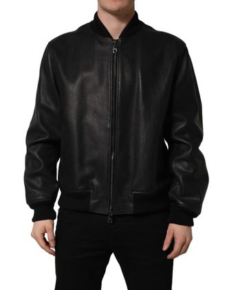Dolce & Gabbana Black Leather Full Zip Men Biker Jacket Calf Clothing