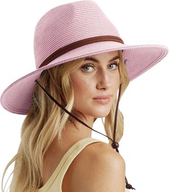 Dreshow Damen Panama Hut Sommer Breiter Krempe Stroh Fedora Sommerhut Strandhut UV Sonnenhut mit Kinnriemen Verstellbare Strohhut UPF 50 +