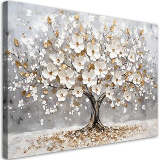 Feeby Leinwandbild - Bilder Wohnzimmer - Baum des Lebens Wei&szlig;e Blume - 120x80 1tlg - Deko Schlafzimmer - Wanddekoration - Aesthetic - Gro&szlig; Moderne Bild - Fo