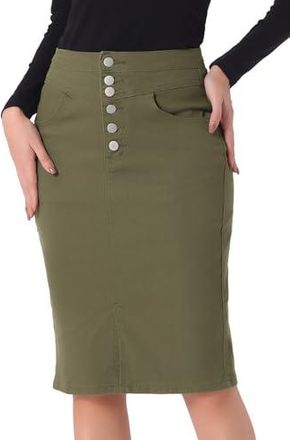 Allegra K Jupe en Jean Crayon Femmes Élastique Taille Haute Fendue sur Le Devant Coupe Slim Jupe Longueur au Genou Armée Verte XS